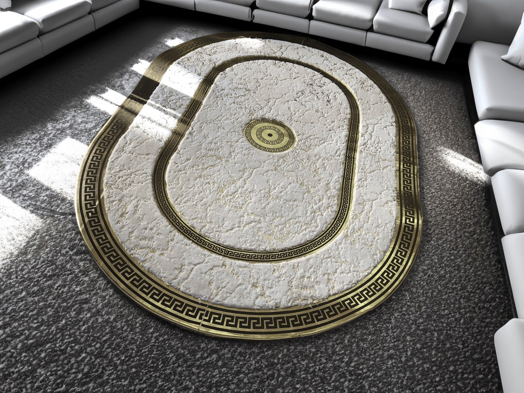 Geometric Plush Area Faux Leather White Gold Rug, Living Room Rug Large ...
