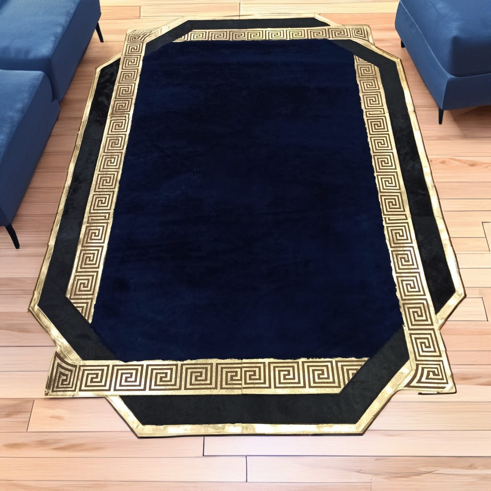 Navy Blue Geometric Plush Area Gold Rug, Faux Fur Living Room Rug Large ...