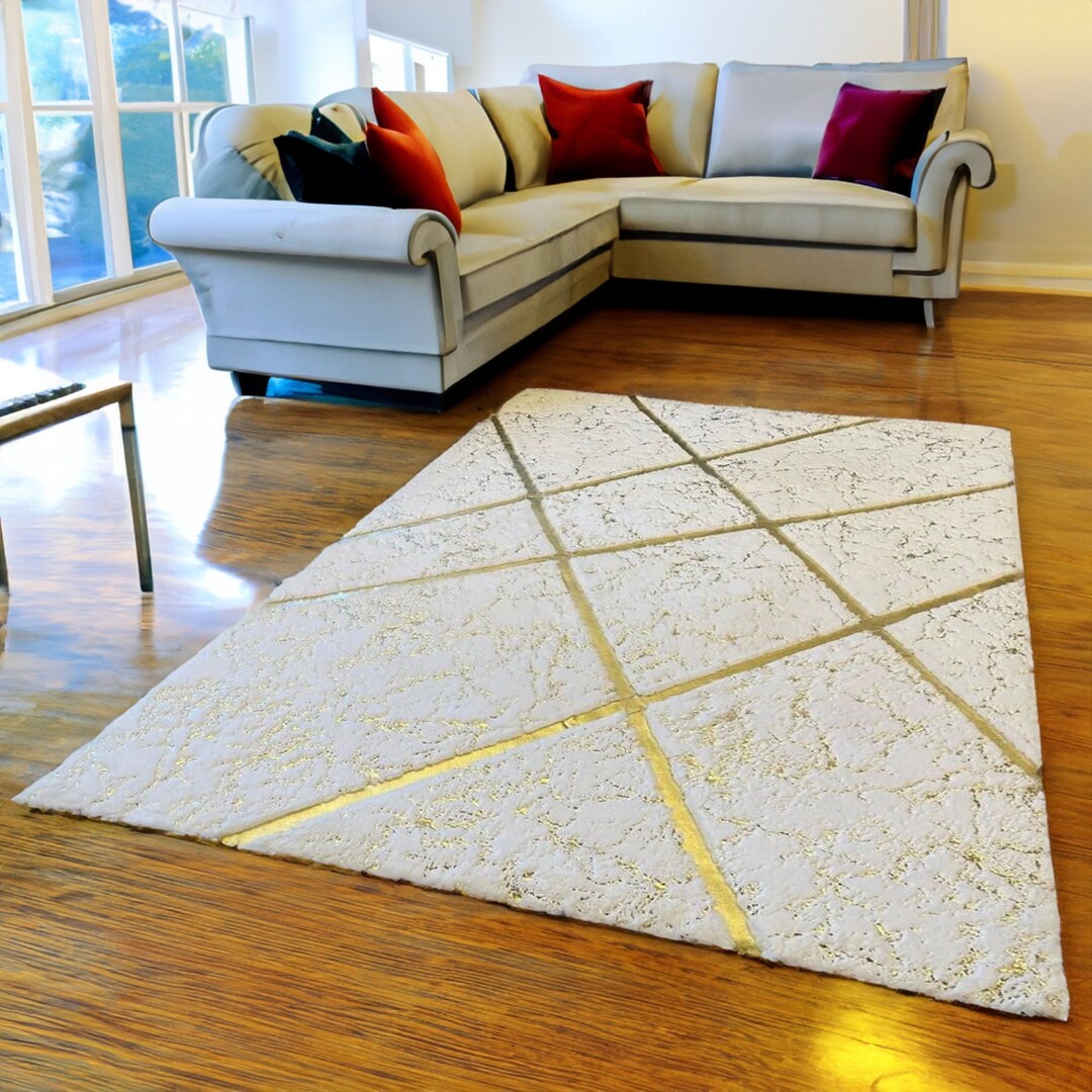 Geometric Plush Area Faux Fur White Gold Rug, Living Room 8x10 White ...