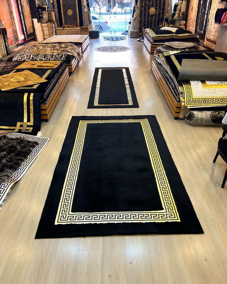 Luxury Black Gold Plush Area Rug, Faux Leather Living Room Rug Large ...