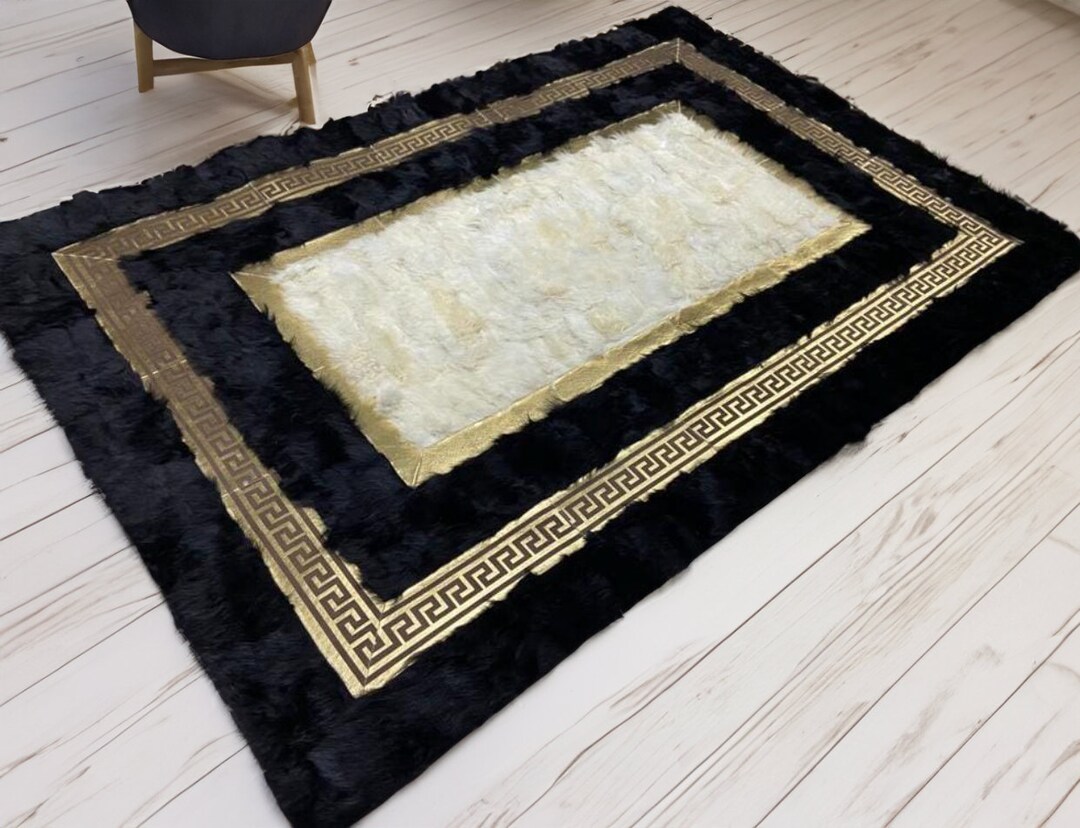 Luxury Fluffy Sheepskin Modern Shag Rugs for Bedroom, Black Wool Gold ...
