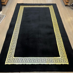 Luxury Black Gold Plush Area Rug, Faux Leather Living Room Rug Large ...