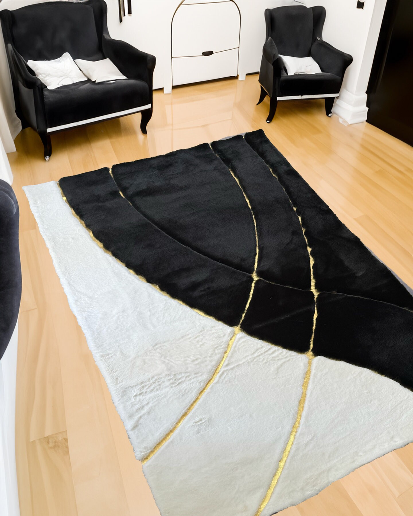 Soft Black Gold Geometric Plush Area Faux Fur Soft Rug, Living Room ...