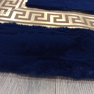 Luxurious Navy Blue Rug With Gold Pattern, Elegant Plush Faux Fur Home ...