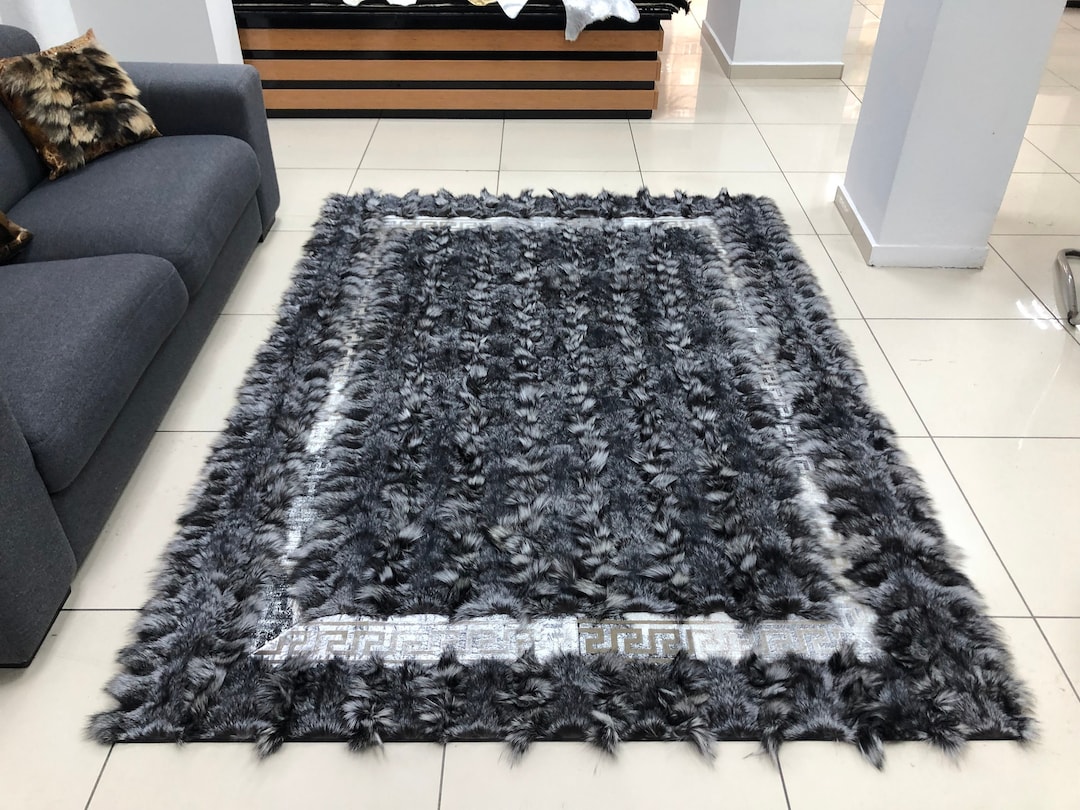 Fluffy Fox Fur Luxury Square Rug for Living Room, 8x10 Gray Area Rug ...