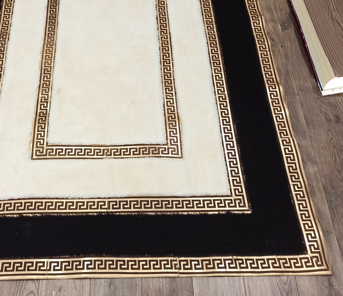 Geometric Plush Area White Black Gold Rug, Faux Fur 8x10 Living Room ...