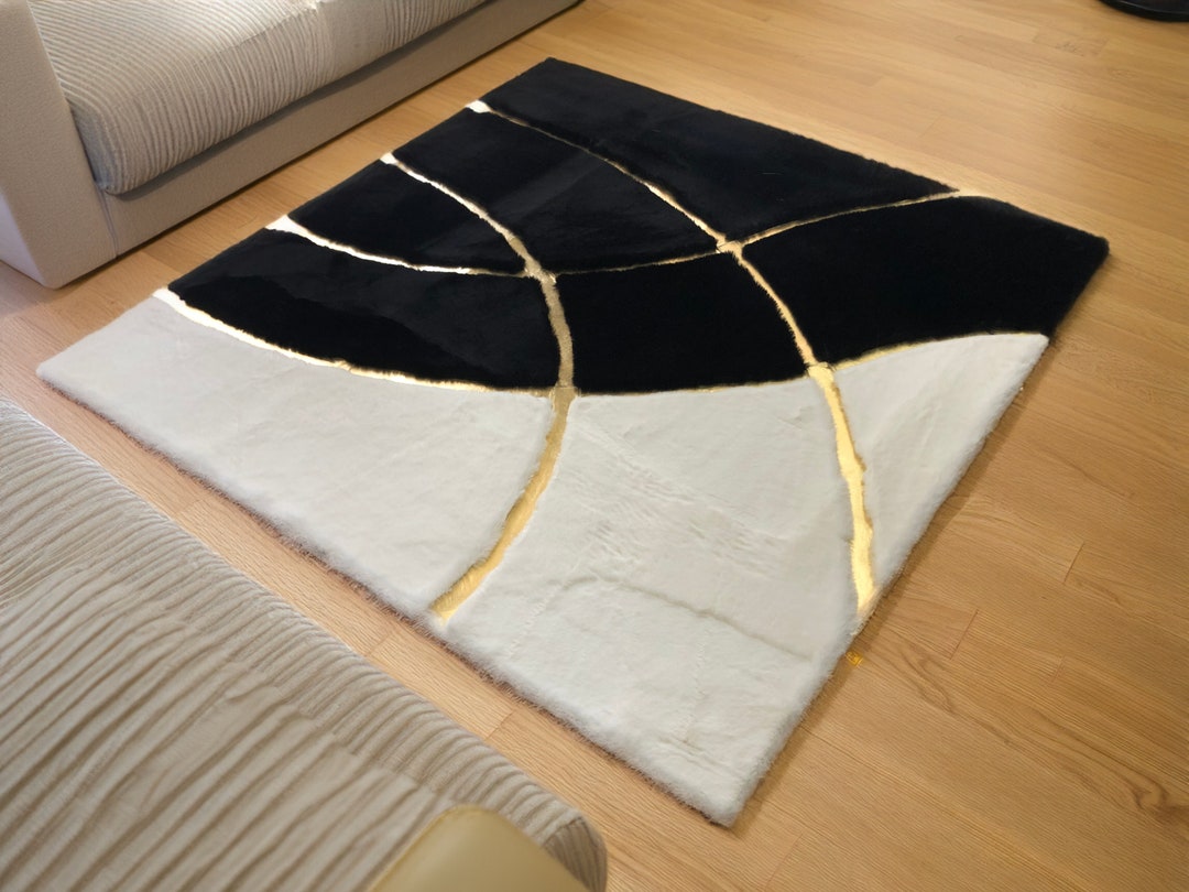 High Quality Geometric Plush Area White Gold Rug, Faux Fur Living Room ...