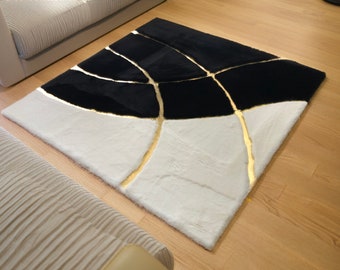 Geometric Plush Area White Rug, Faux Leather Living Room Rug Large ...