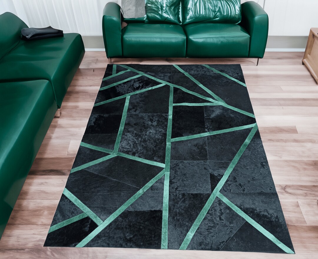 Black Green High Quality Genuine Cowhide Leather 5x8 Rug, Geometric ...