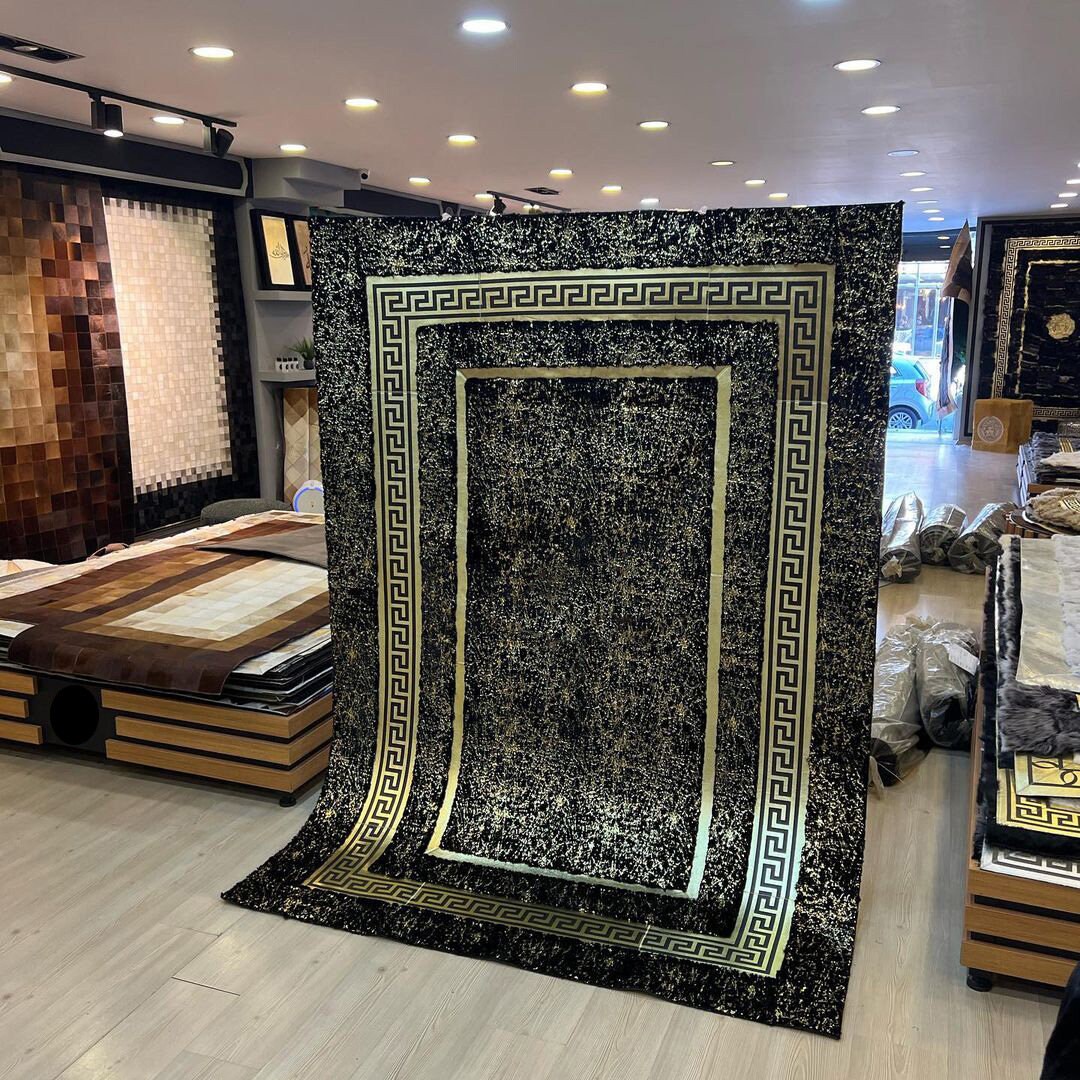 Gold Plush Area Rug, Faux Leather Rug, Living Room Rug Large, Black and ...