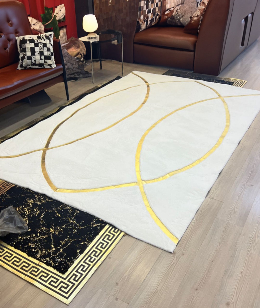 Geometric Plush Area White Rug, Faux Fur Rug, Living Room Rug Large ...