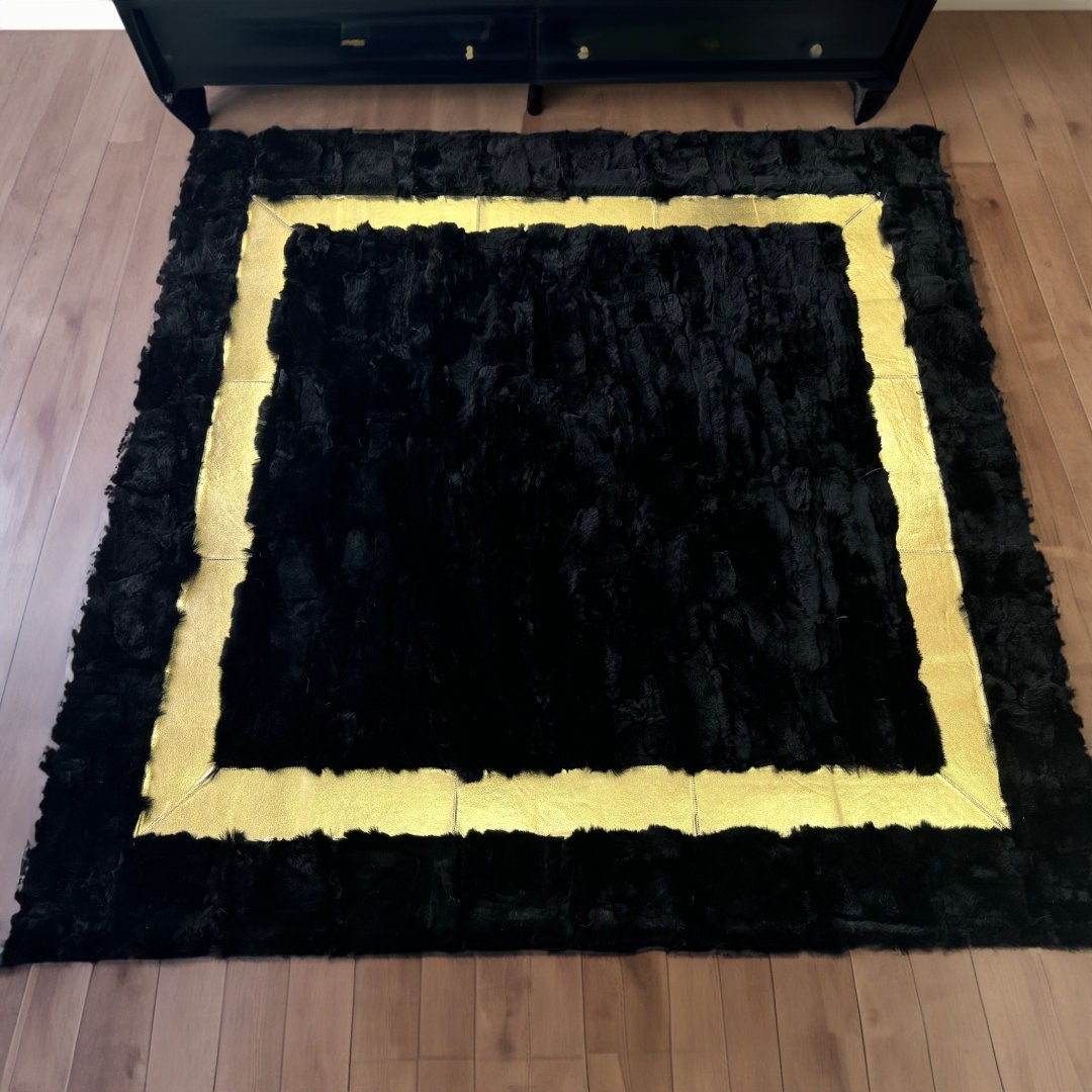 Luxury Elegant Black Gold Living Room Rug, Fur Black and Gold Fluffy ...