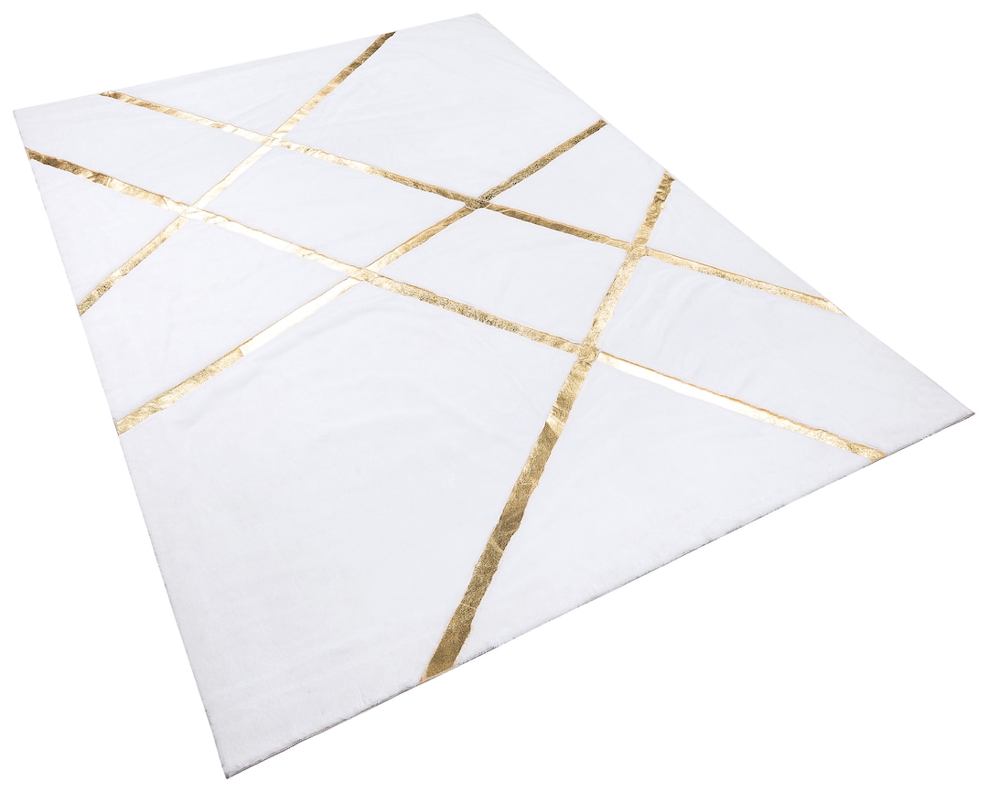 Geometric White Plush Area Rug, Faux Leather Living Room Rug Large ...