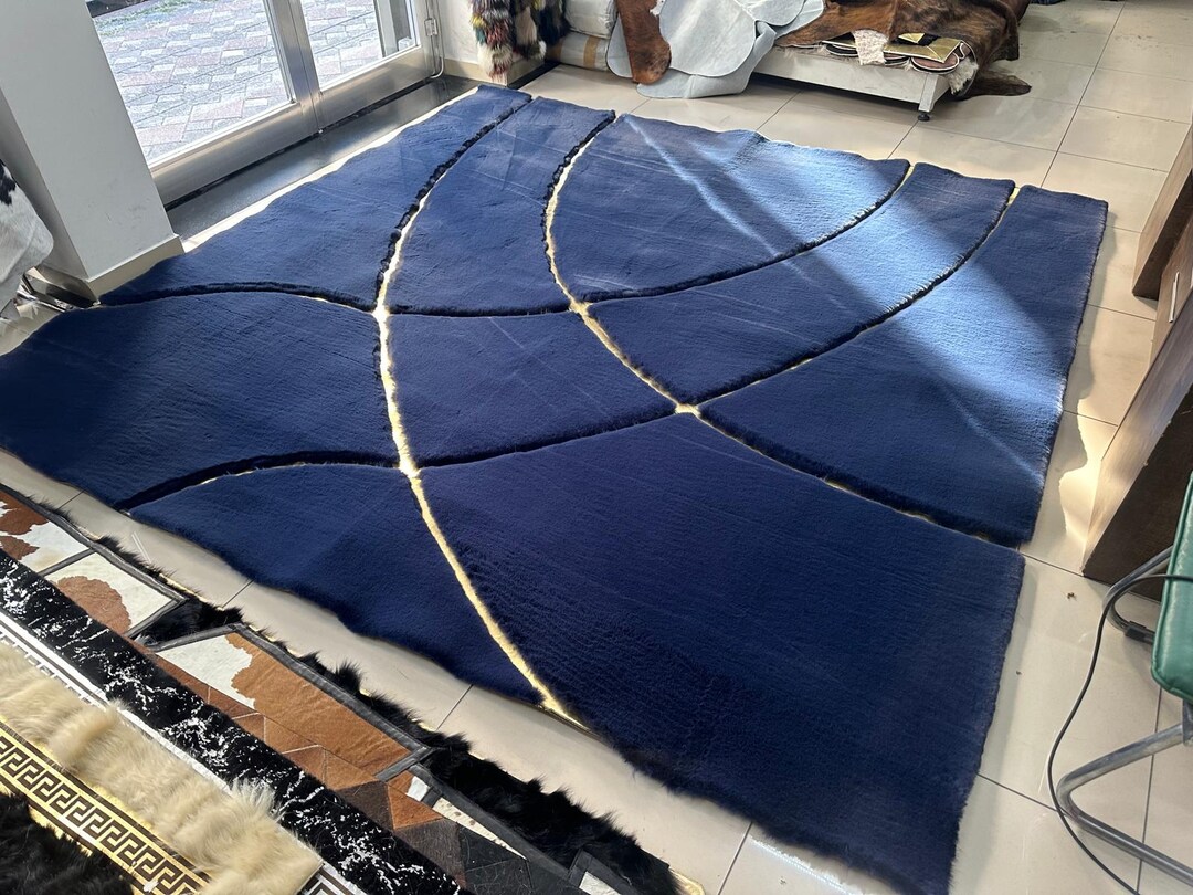 Plush Navy Blue and Gold Geometric Area Faux Fur Rug, Living Room Furry ...