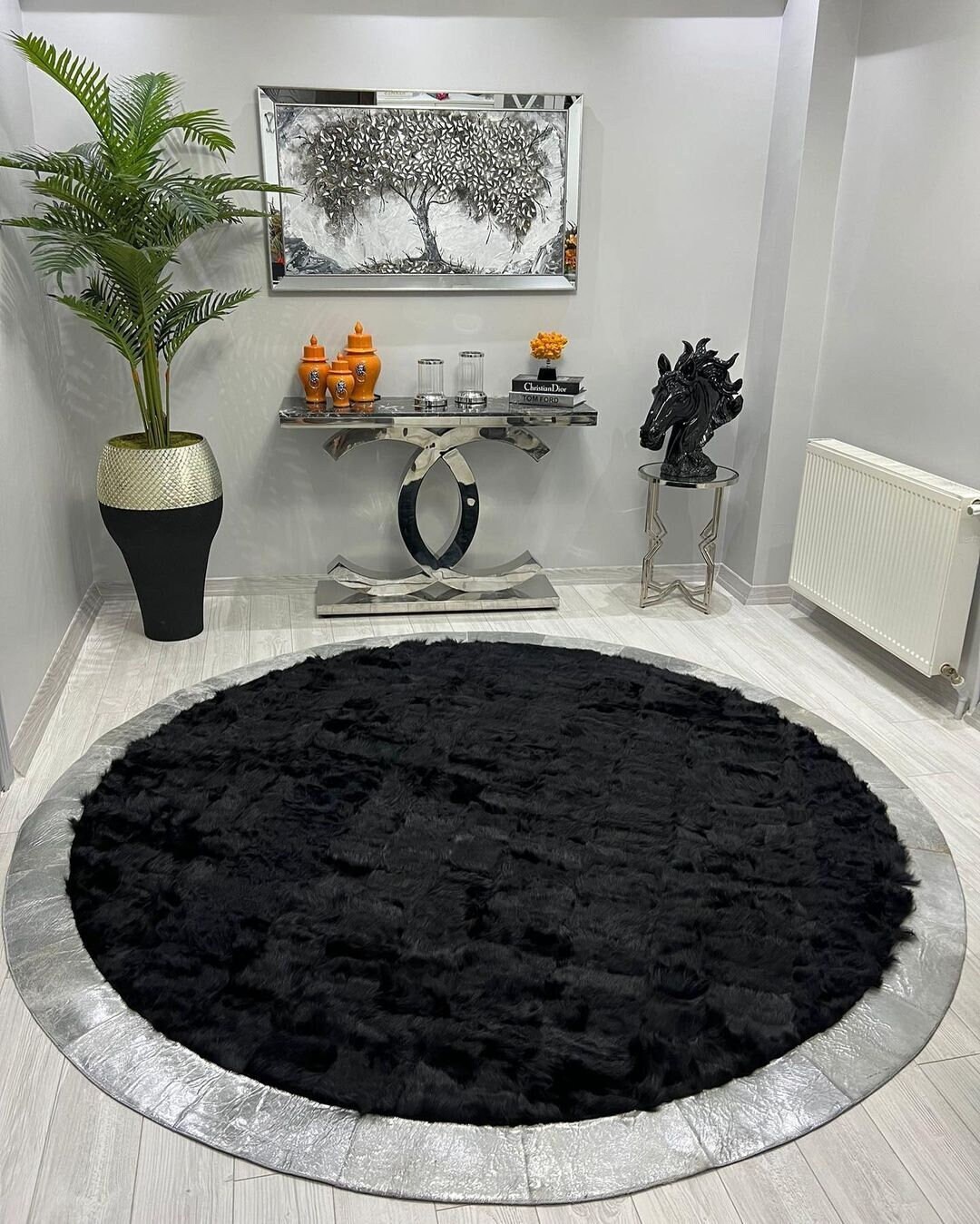 Black Silver Round Fur Sheepskin Rug, Fluffy Soft Living Room Carpet ...