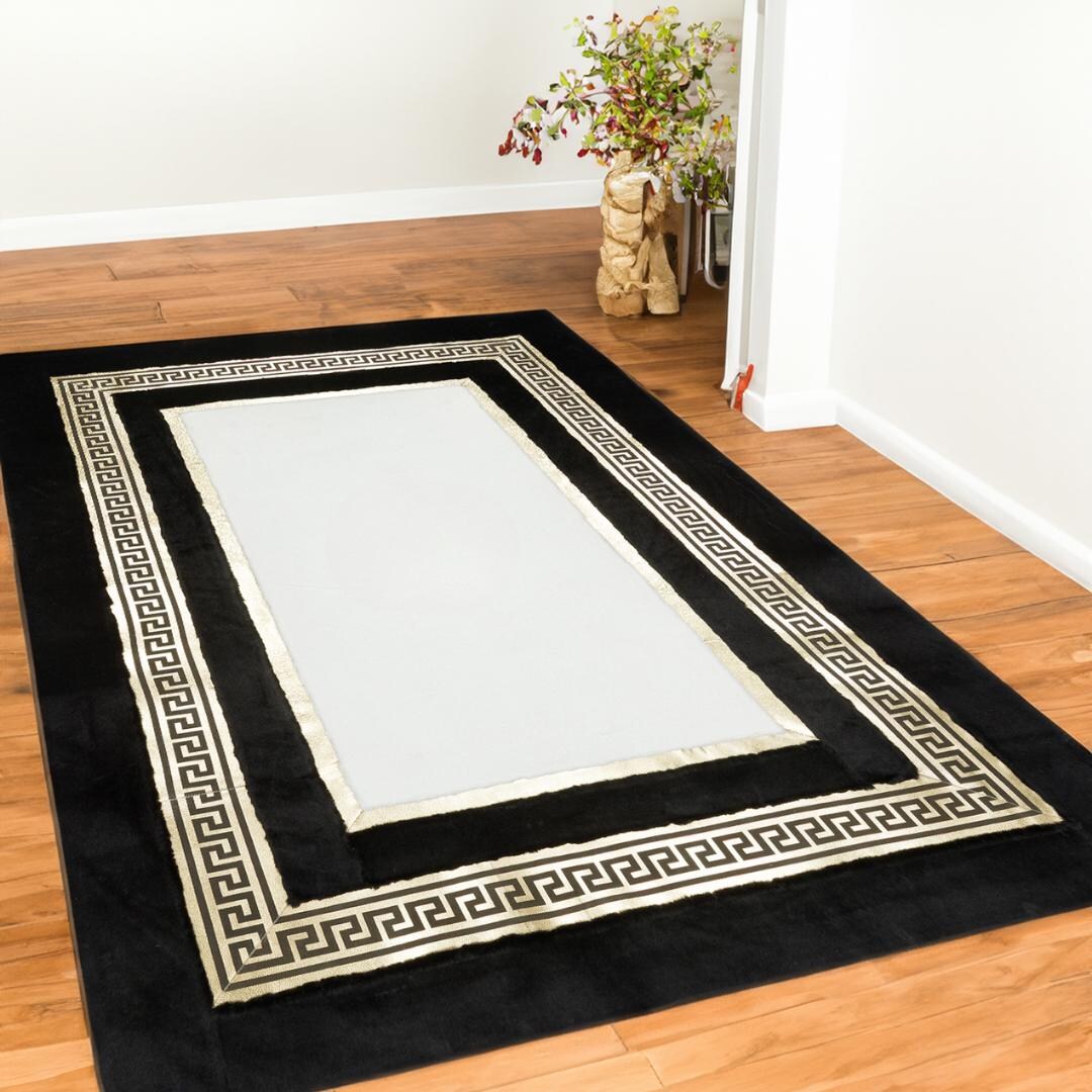 Stylish Black White Gold Geometric Plush Area Faux Fur Soft Rug, Living ...