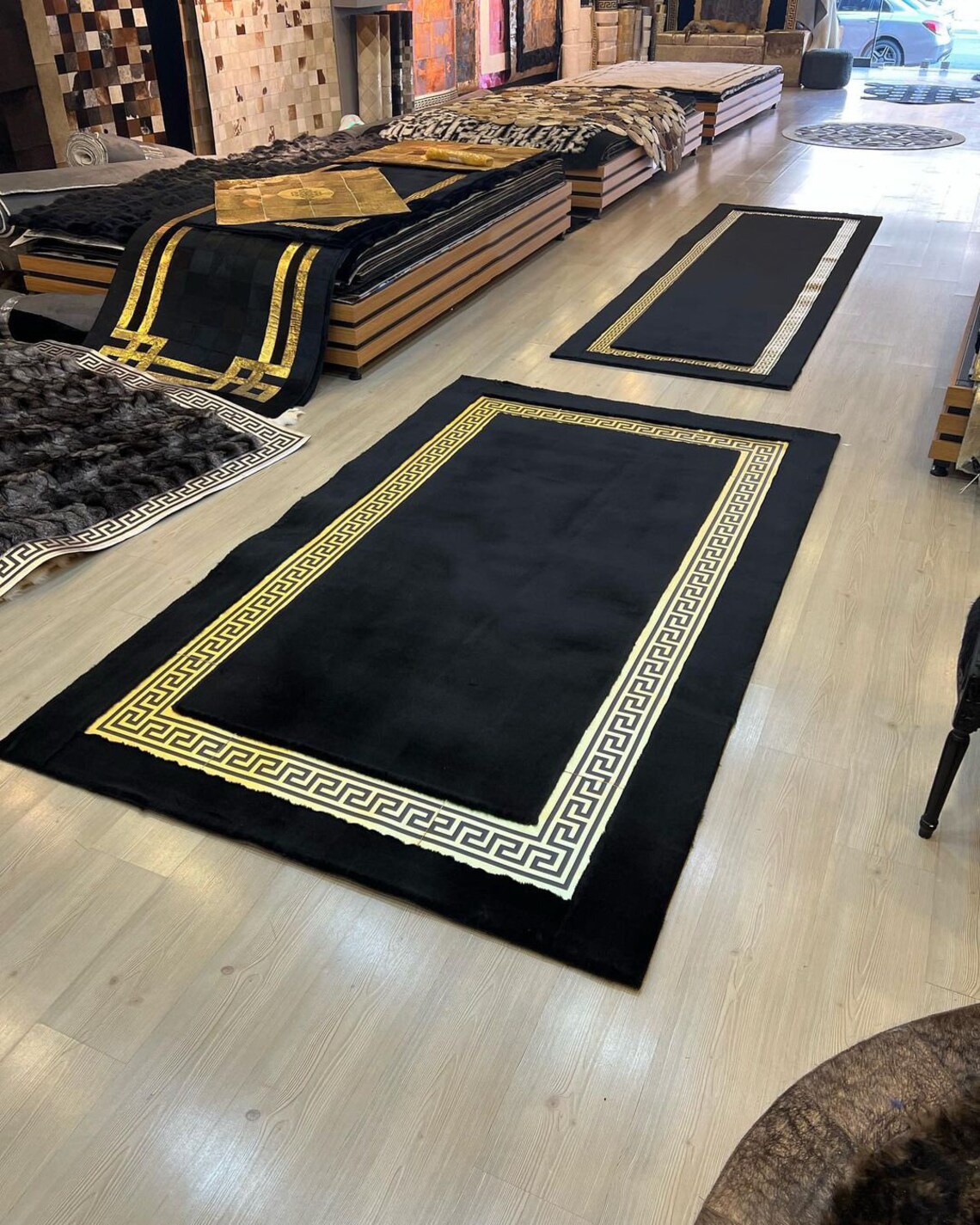 Luxury Black Gold Plush Area Rug, Faux Leather Living Room Rug Large ...