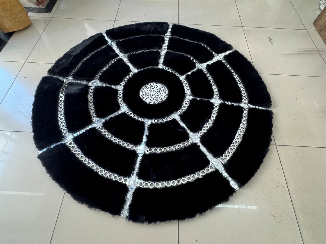 Black Silver Round Plush Area Geometric Rugs, Fluffy Soft Living Room ...