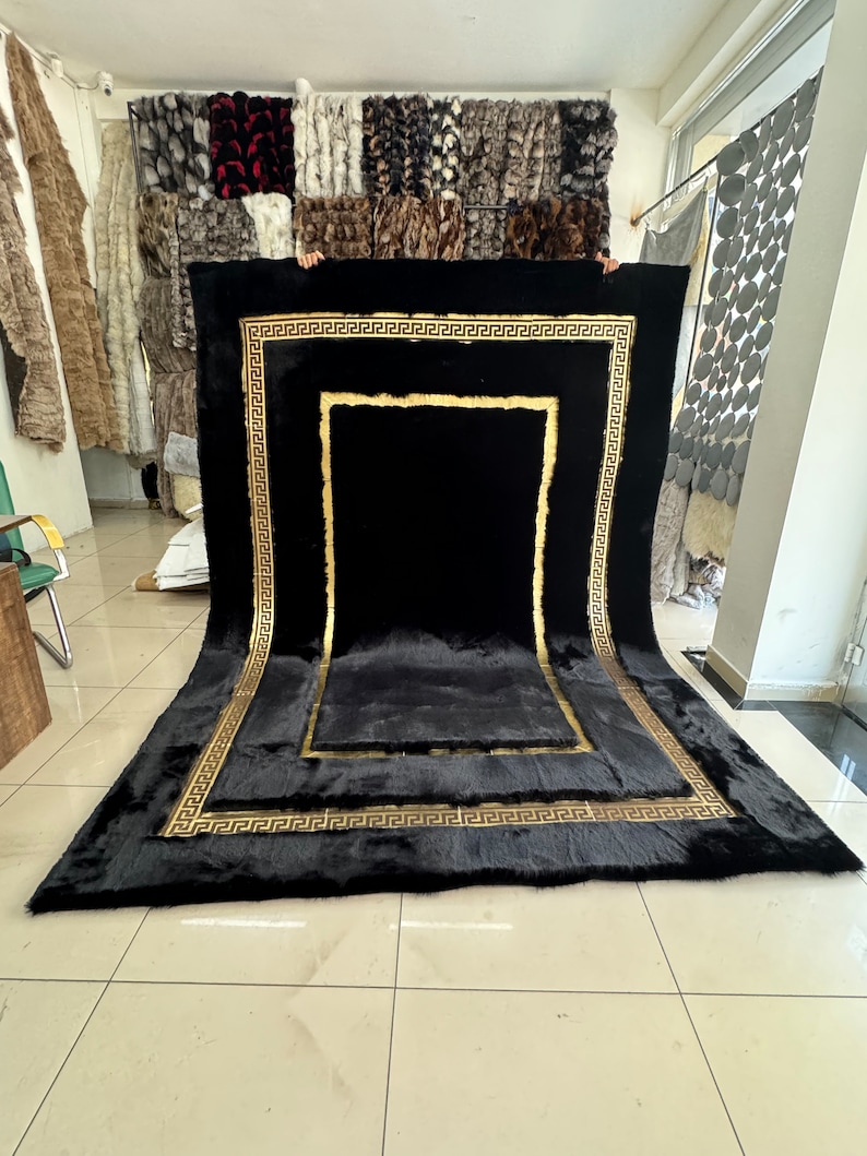 High Quality Geometric Plush Area Black Gold Rug, Faux Fur Living Room ...