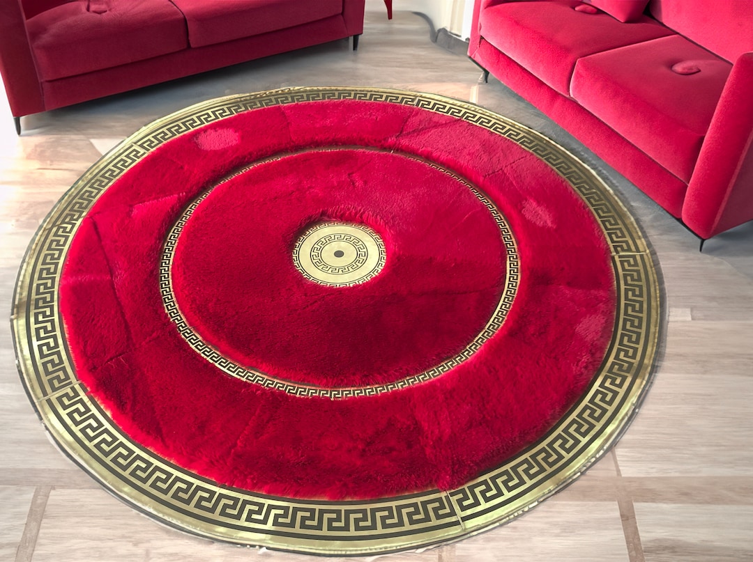 Round Faux Fur Red Luxury High Quality Area Designer Rug, Fluffy Soft ...