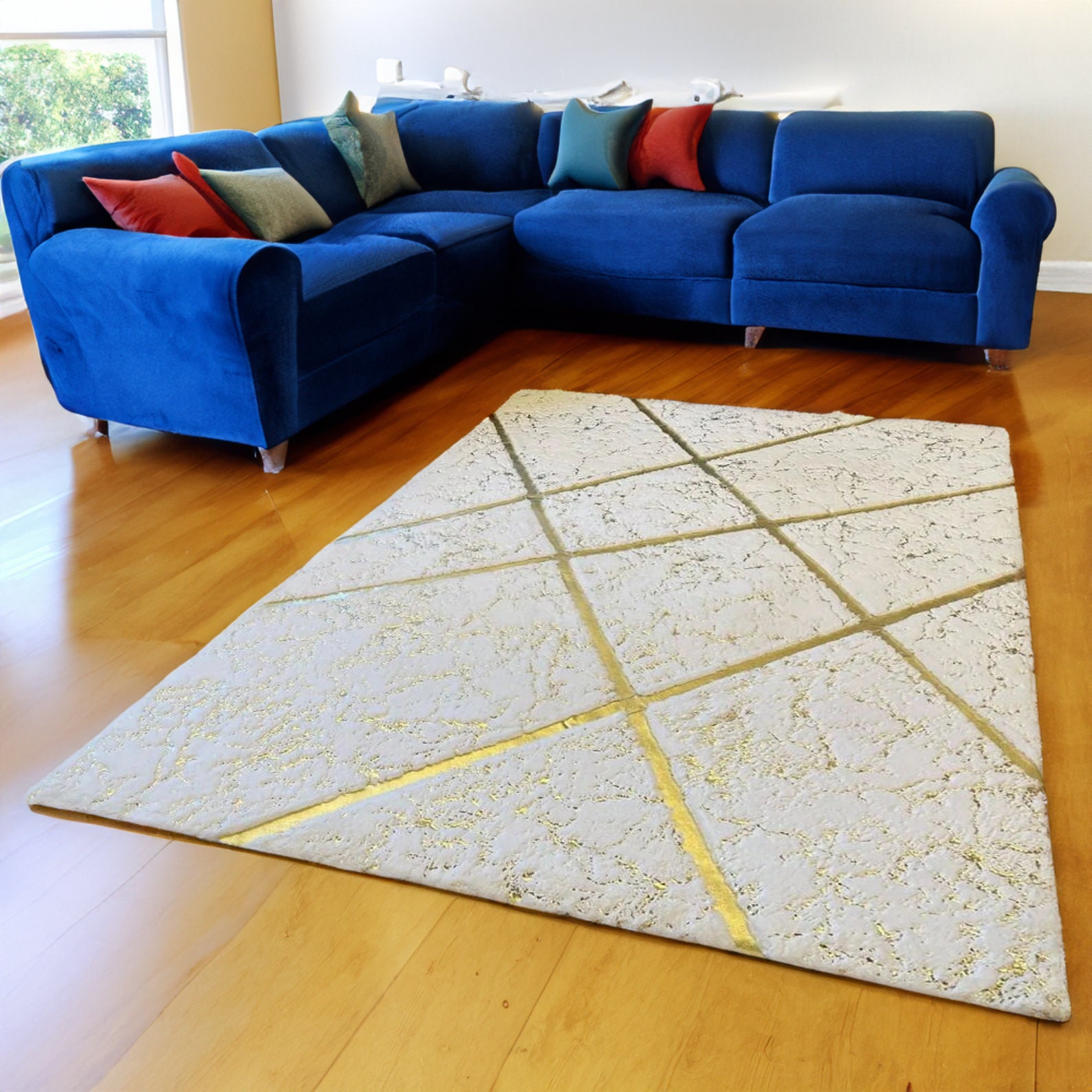 Geometric Plush Area Faux Fur White Gold Rug, Living Room 8x10 White ...