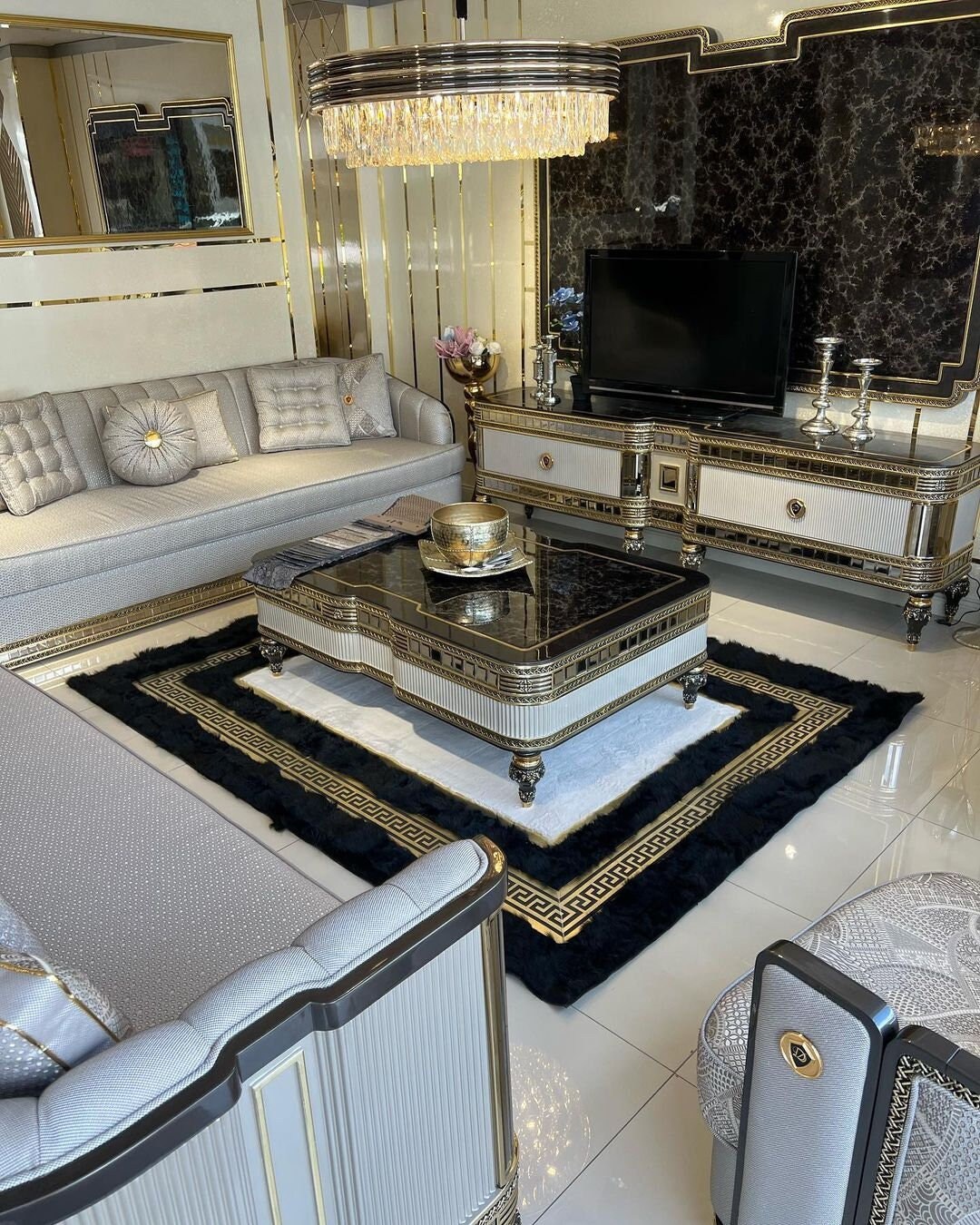 Sheepskin and Plush Black White Gold Large Rug, Soft Gold Floor Fur ...