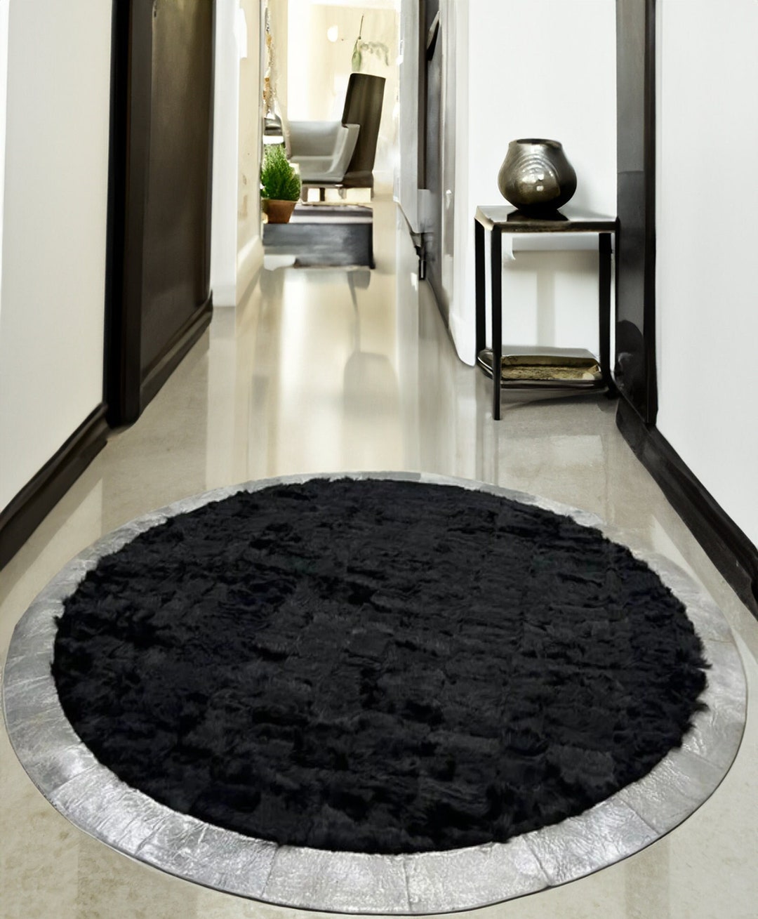 Black Silver Round Sheepskin Luxury High Quality Rugs, Fluffy Soft ...