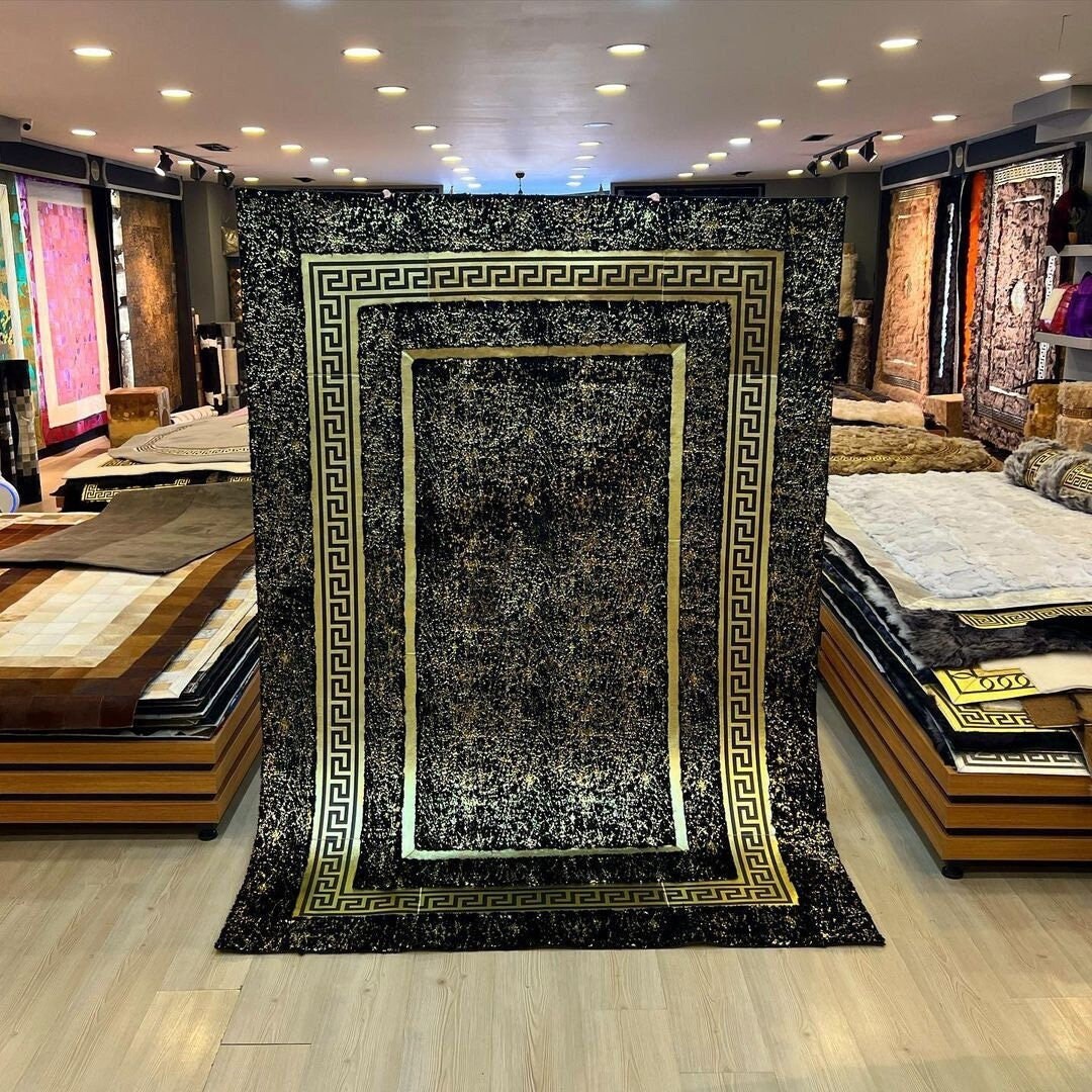 Gold Plush Area Rug, Faux Leather Rug, Living Room Rug Large, Black and ...