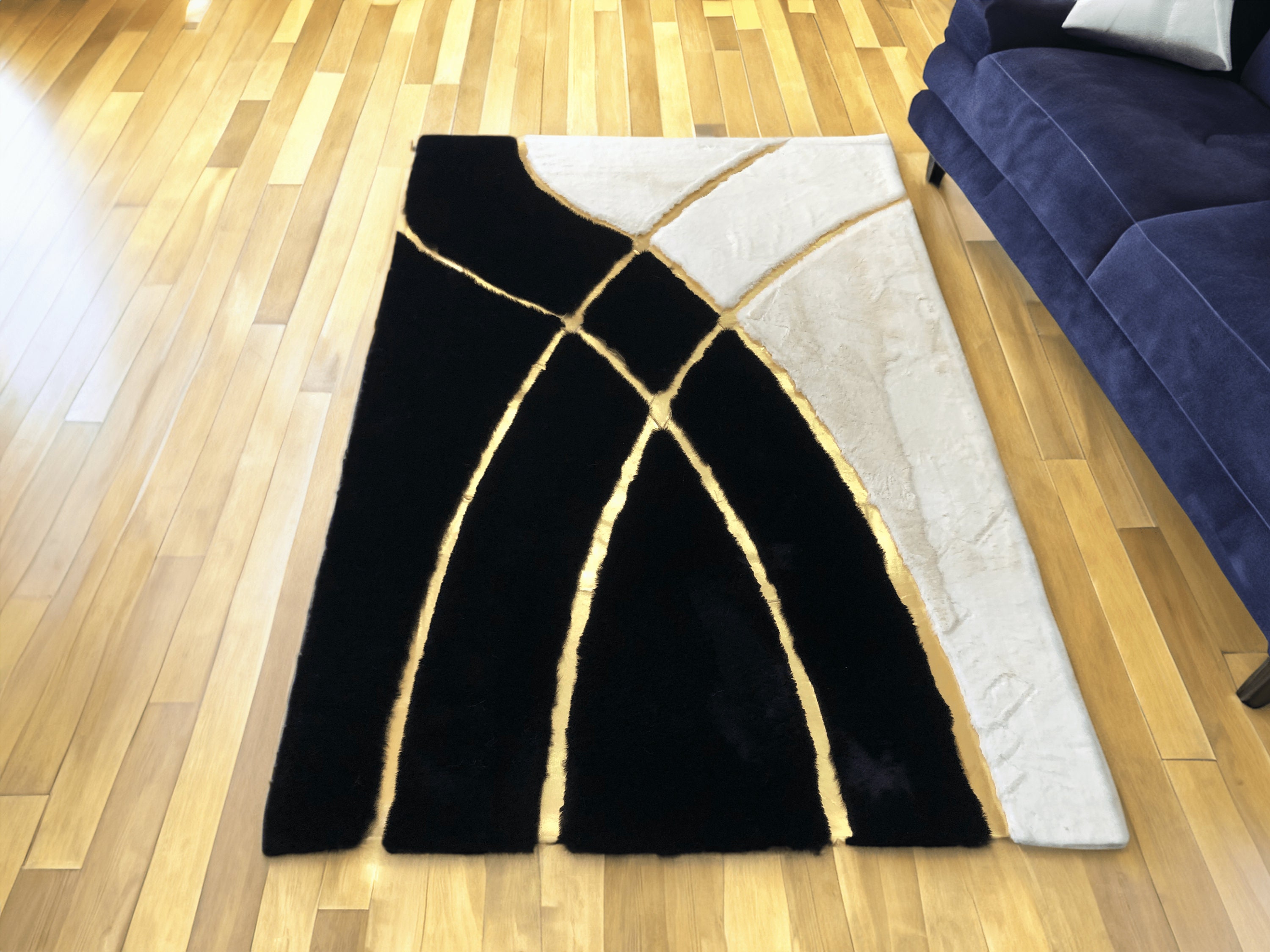 Luxury Black White Gold Plush Area Rug, Faux Leather 5x8 Living Room ...