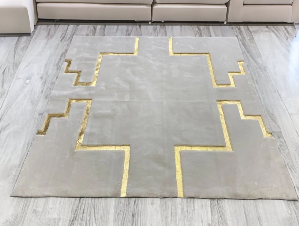 Geometric Plush Area Rug, Faux Leather Living Room Rug Large, White and ...