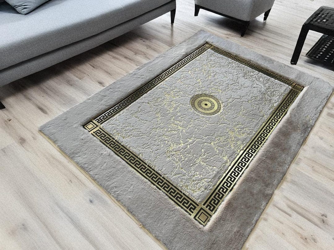 Luxurious Beige Gold Rug With Gold Pattern, Elegant Plush Faux Fur Home ...