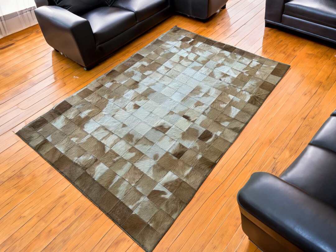 Cowhide Brown and White Leather Patchwork Square Rug for Living Room ...