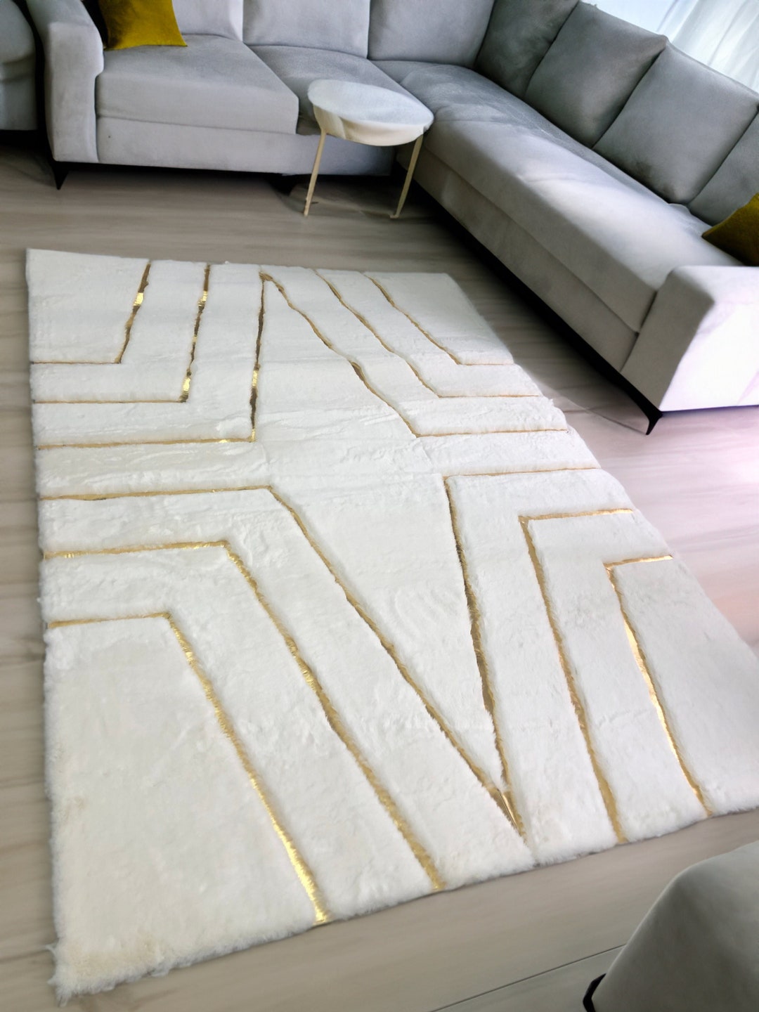 Geometric Plush White Gold Faux Leather Living Room Rug, Large White ...