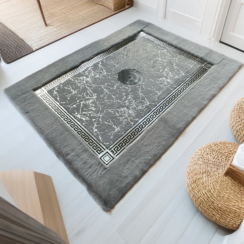 High Quality Geometric Plush Custom Gray Silver Rug, Faux Fur Living ...