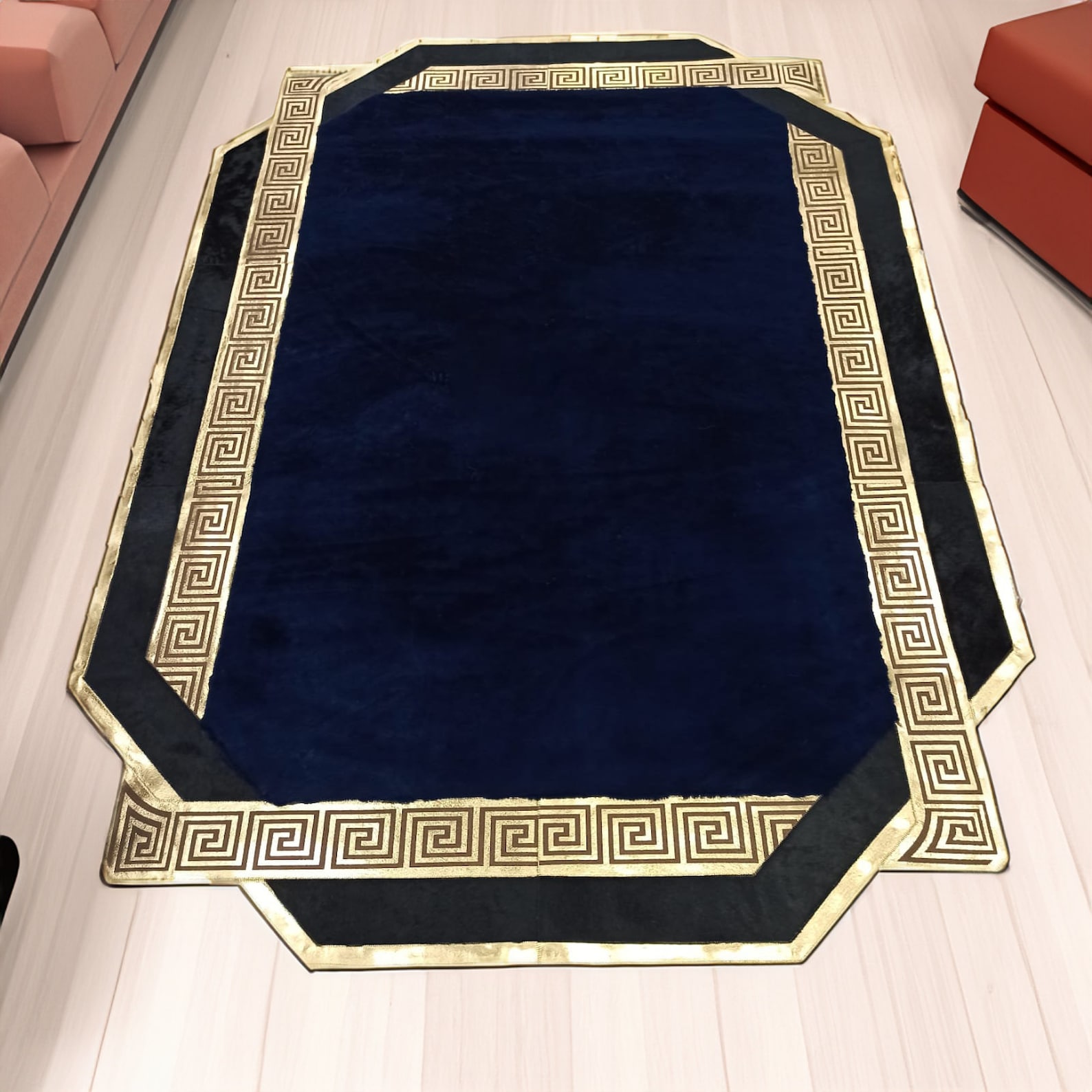 Navy Blue Geometric Plush Area Gold Rug, Faux Fur Living Room Rug Large ...