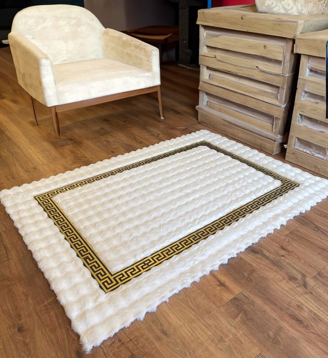 Geometric Plush Area Eleagant White Gold Rug, Faux Leather Living Room ...
