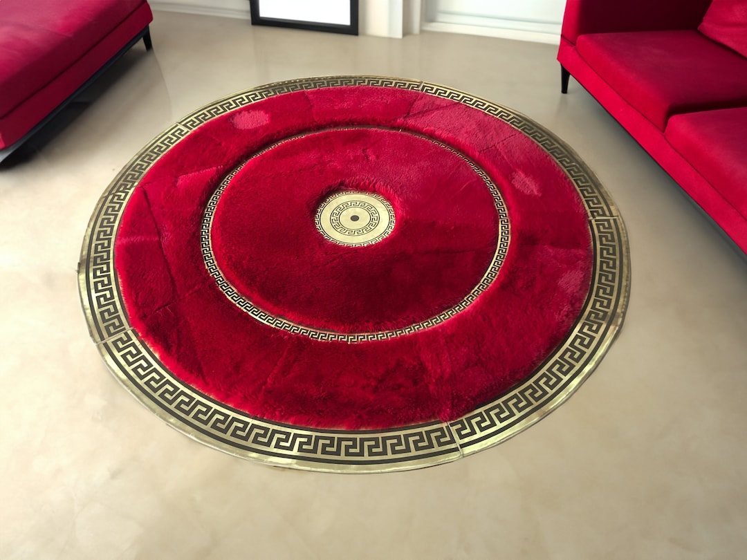 Red Gold Round Faux Fur Luxury High Quality Area Rug, Fluffy Soft ...
