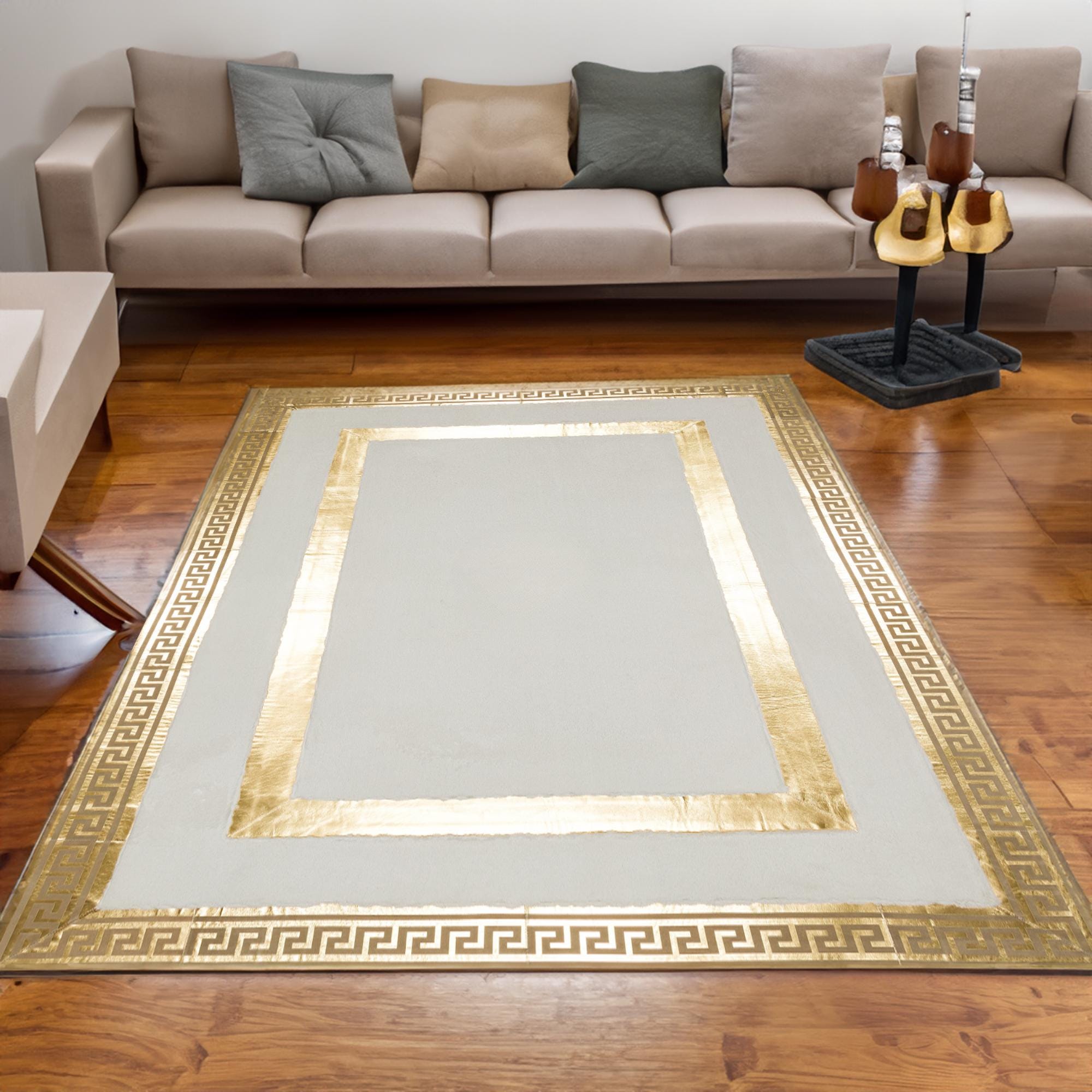 Unique Modern White Gold Geometric Plush Area Faux Fur Soft Rug, Living ...