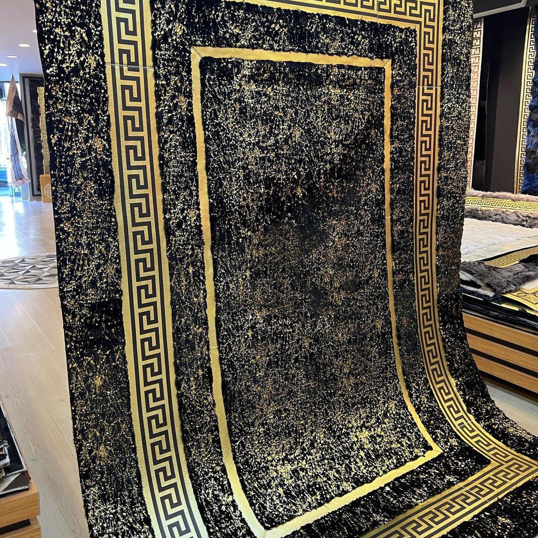 Gold Plush Area Rug, Faux Leather Rug, Living Room Rug Large, Black and ...