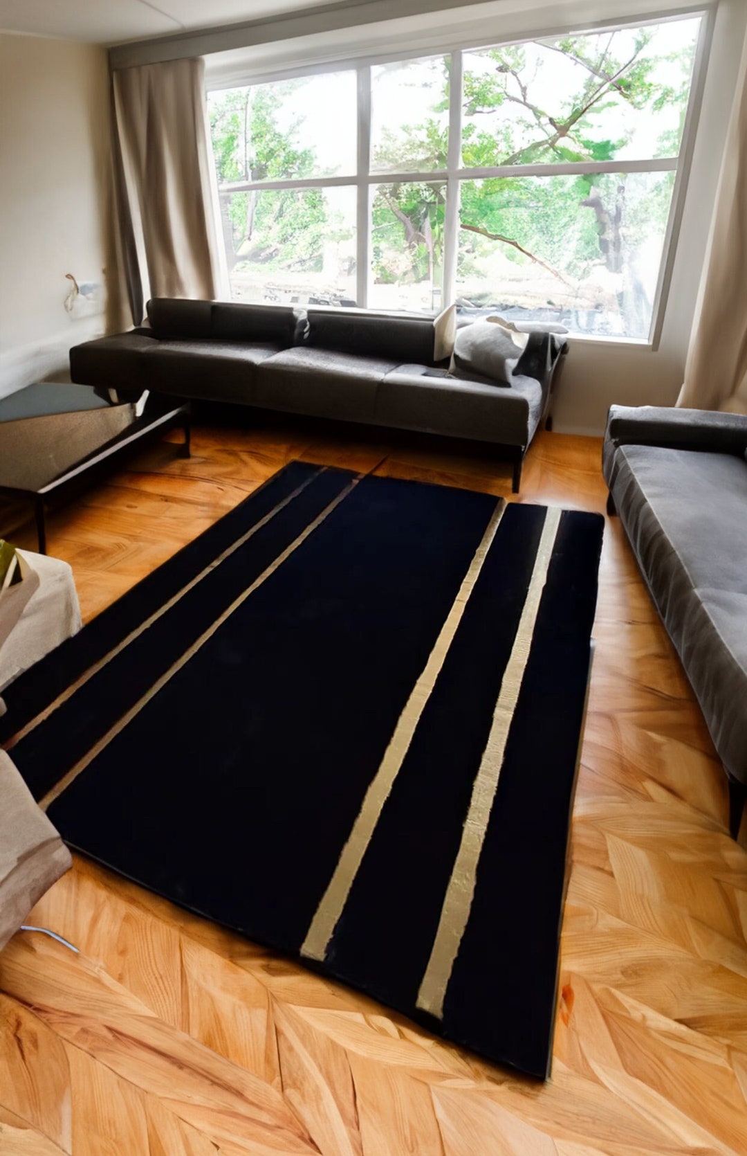 Geometric Black Gold Plush Area Faux Leather Rug, Living Room 8x10 Rug ...