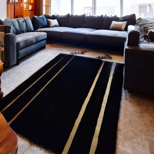 Geometric Black Gold Plush Area Faux Leather Rug, Living Room 8x10 Rug ...