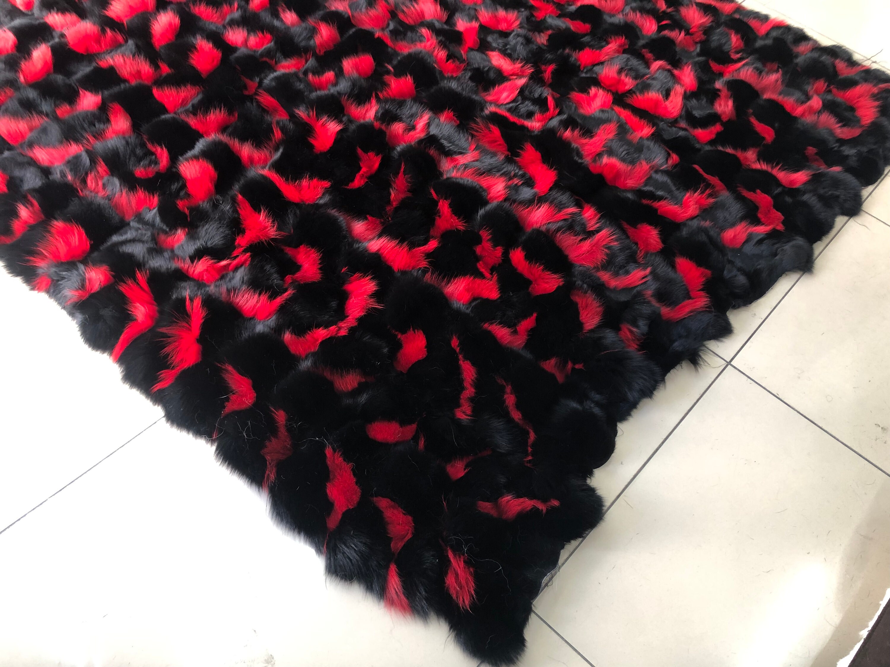 Red Black Fur Wool Square Rug for Living Room, Designer Fluffy Area Rug ...