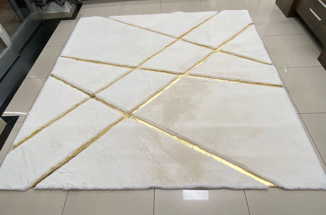 Geometric Plush Area White Rug, Faux Leather Living Room Rug Large ...