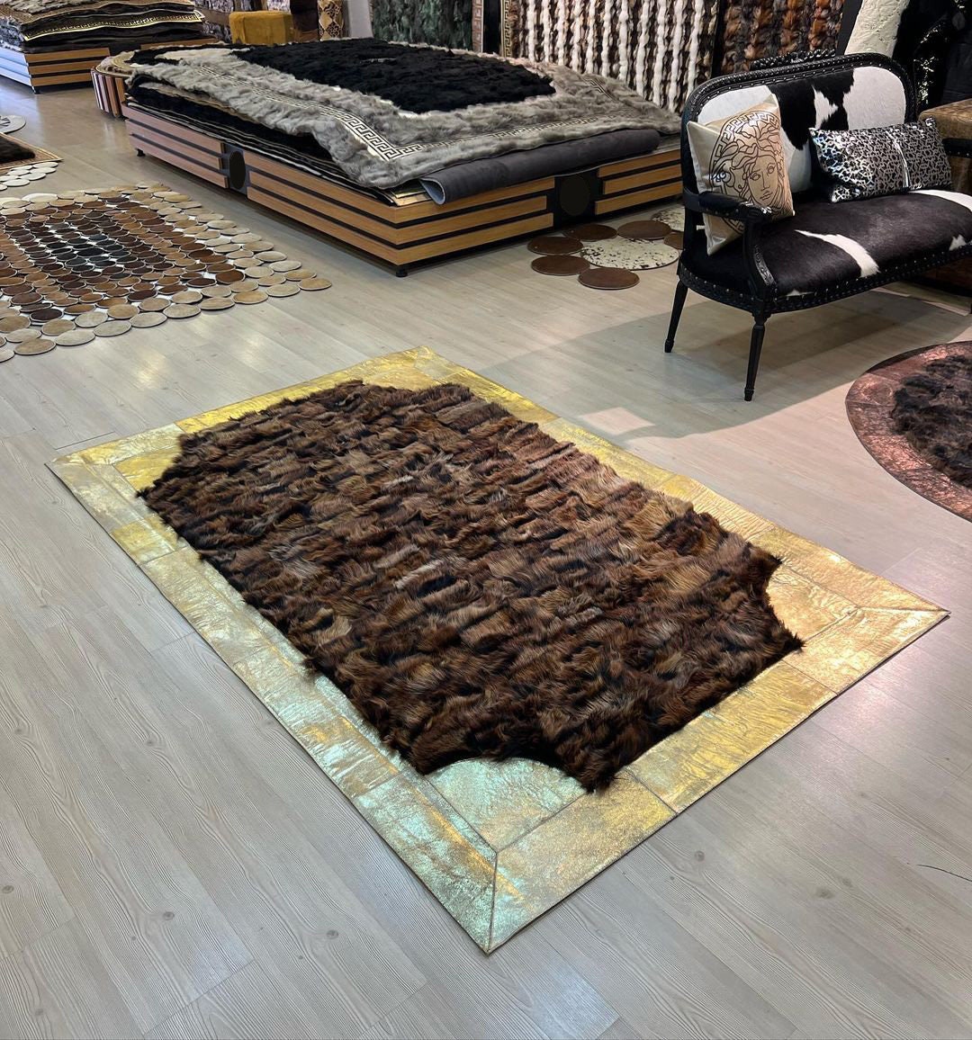 Brown and Gold Luxury Sheepskin Rug, Decorative Unique Wool Rug, Brown ...
