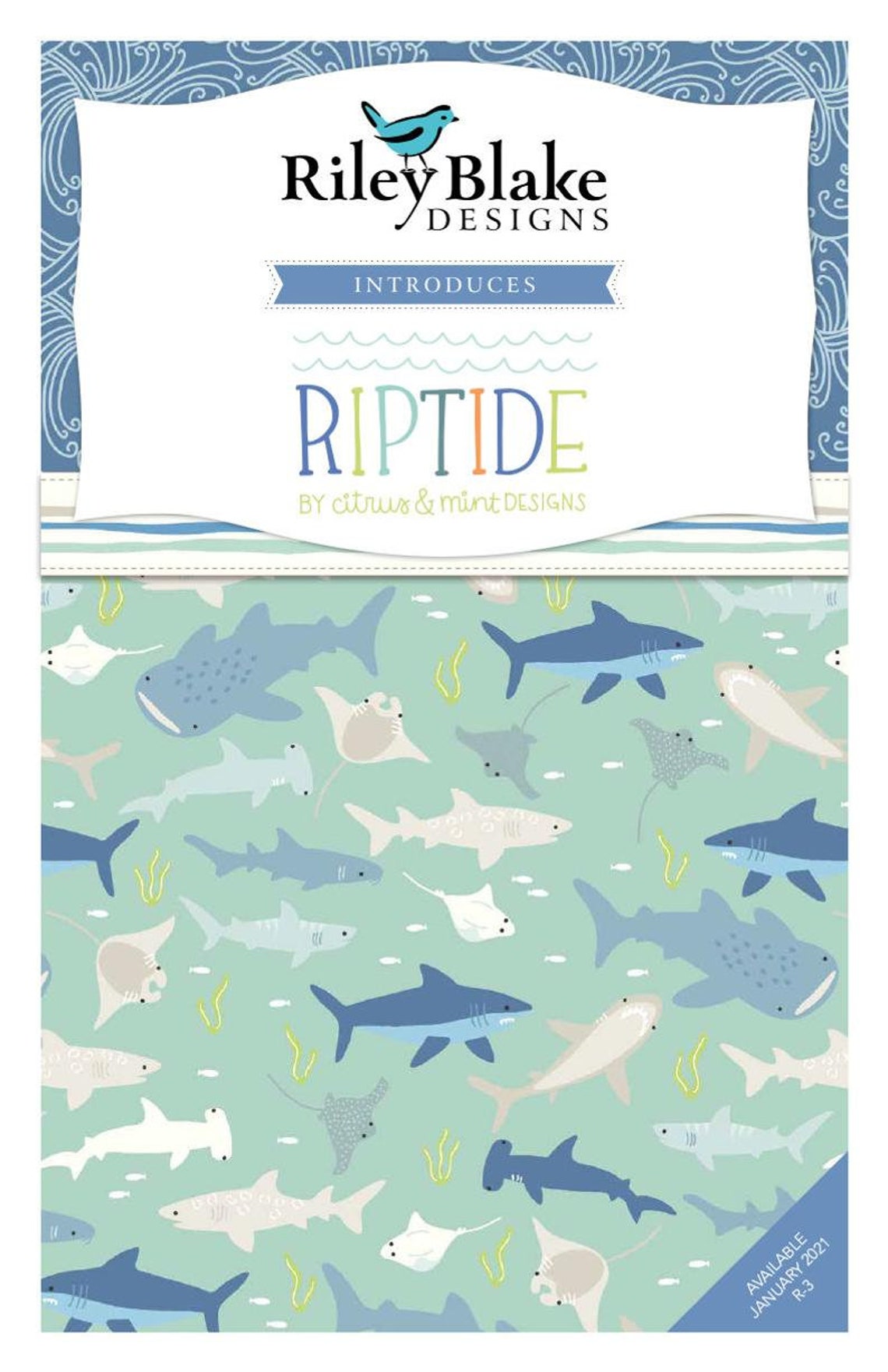 RIPTIDE Main CREAM BTY Yard 1/2 Yard 1/4 Yard Sharks Ocean Citrus and ...