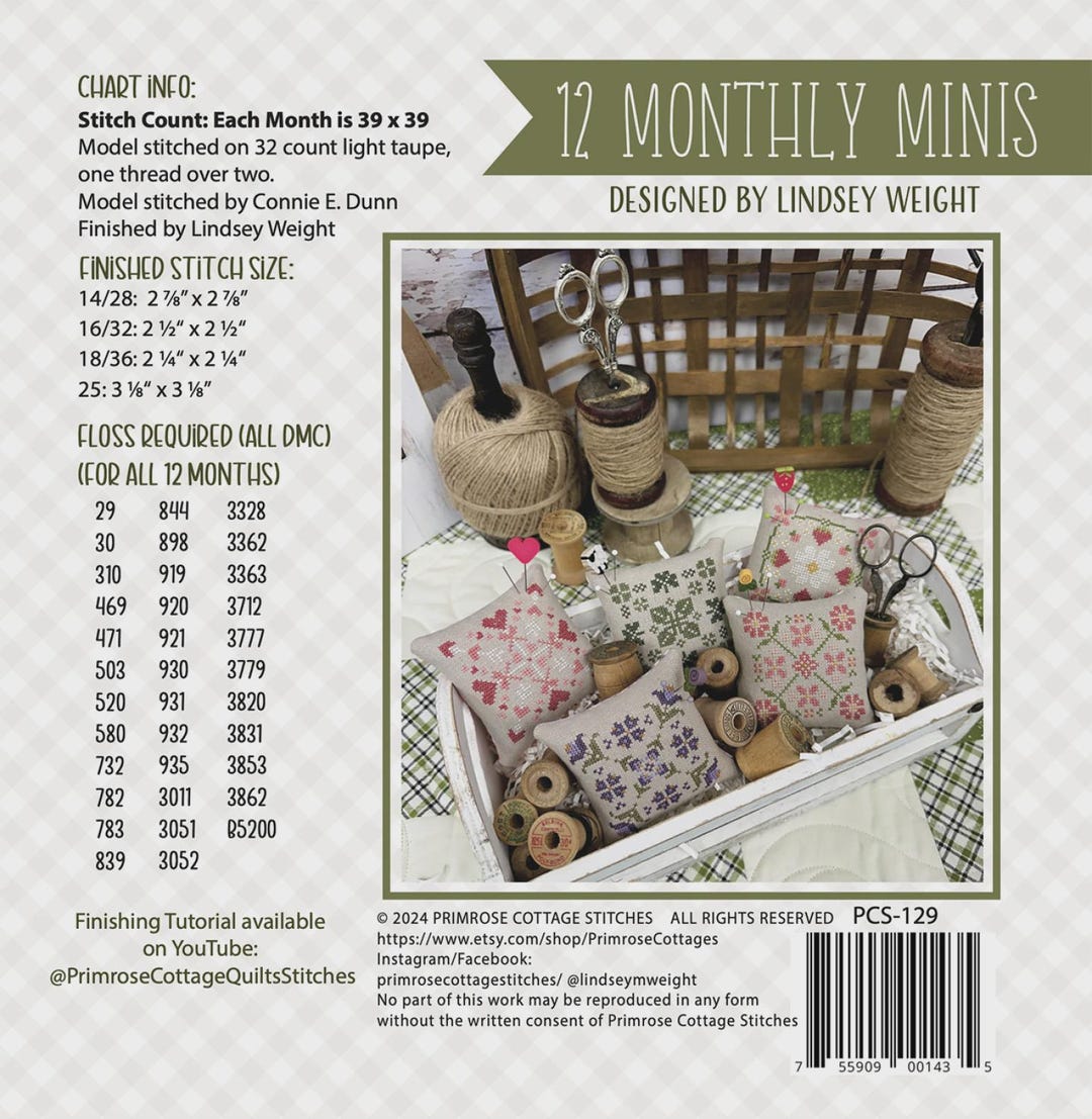 12 Monthly Minis Patterns | PCS-129 | Primrose Cottage | Embroidery ...
