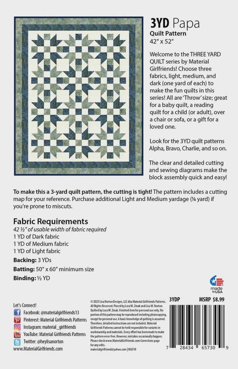 3yd Papa Quilt Pattern | MG-110 | Material Girlfriends | Lora Zmak Lisa ...