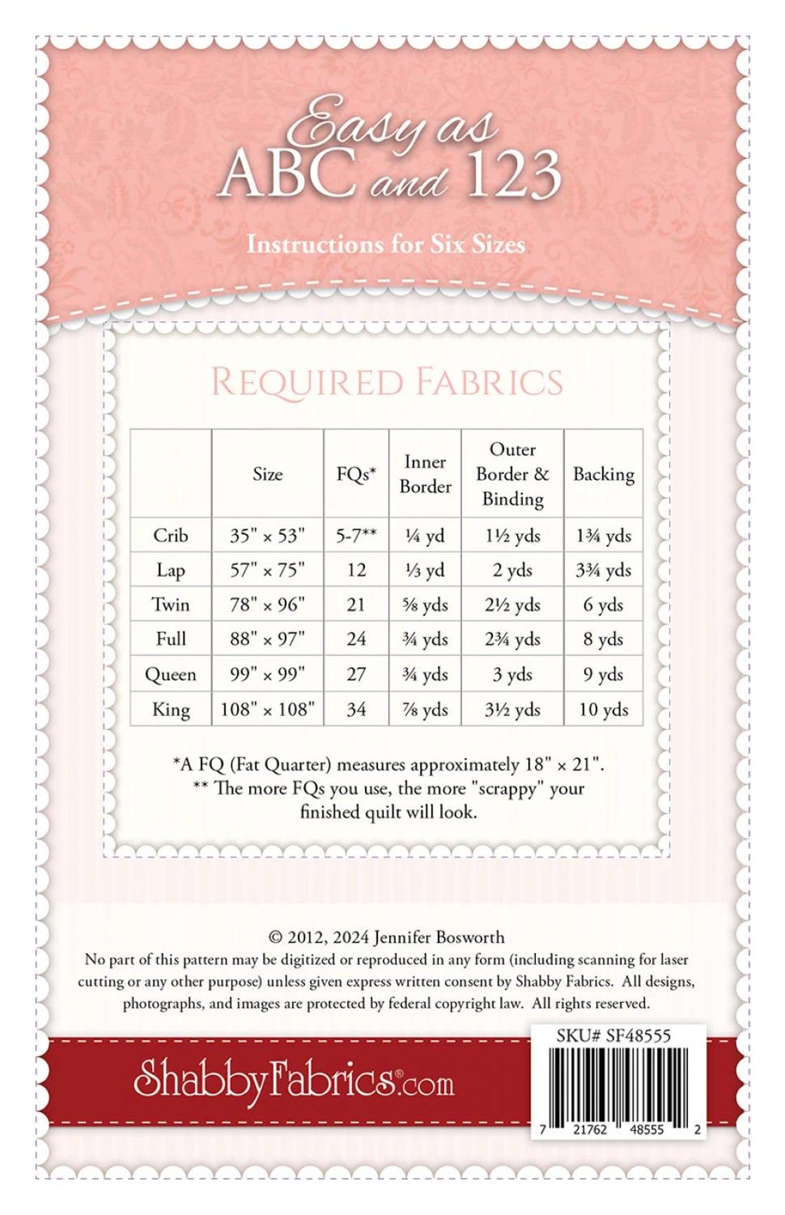 Easy as ABC & 123 Pattern | Shabby Fabrics | Multi Size | Fat Quarter ...