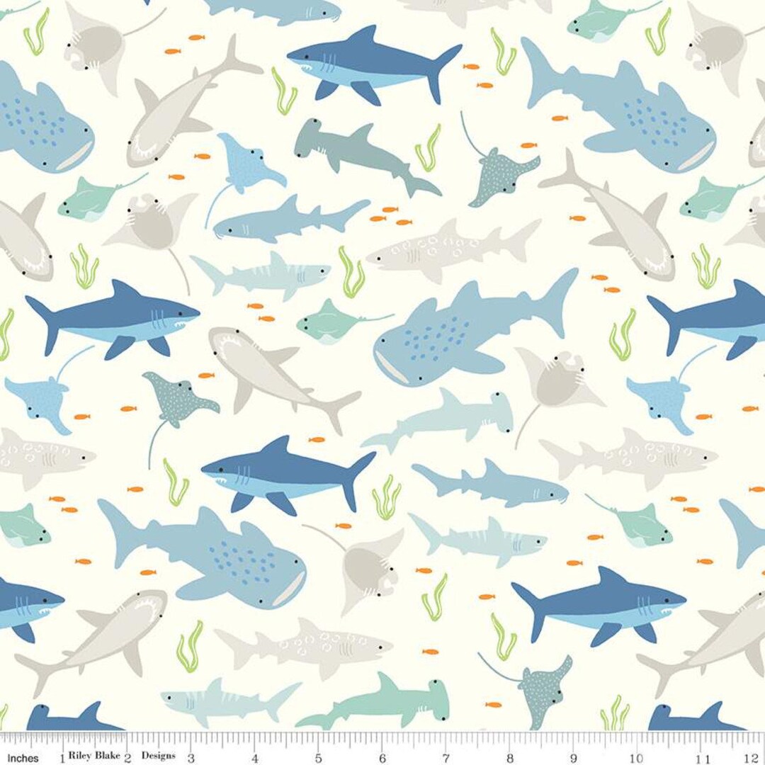 RIPTIDE Main CREAM BTY Yard 1/2 Yard 1/4 Yard Sharks Ocean Citrus and ...