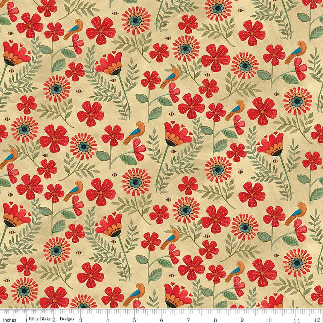 STITCHY BIRDS Flowers Parchment | BTH Bthy | Teresa Kogut Riley Blake ...